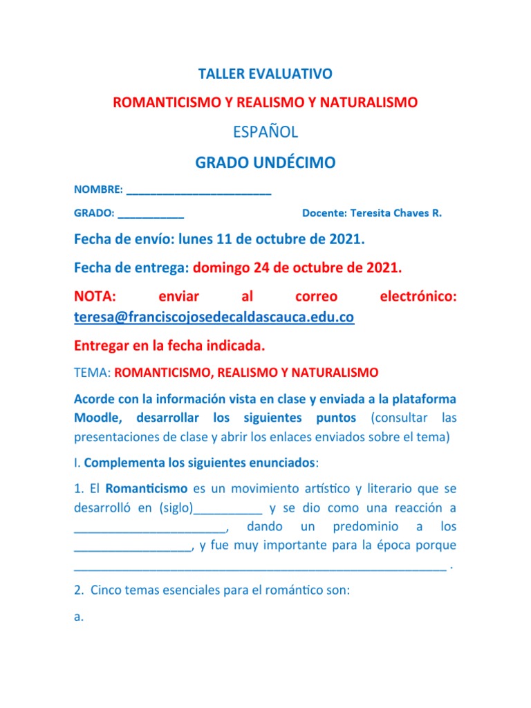 Taller Romanticismo, Realismo, Naturalismo | PDF