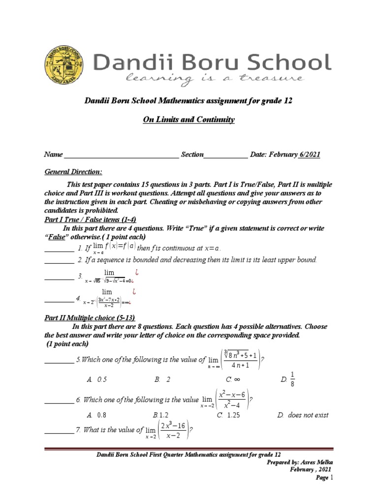 Mathematics Assignment For Grade 12 On Limits and Continuity | PDF | Multiple Choice | Mathematics
