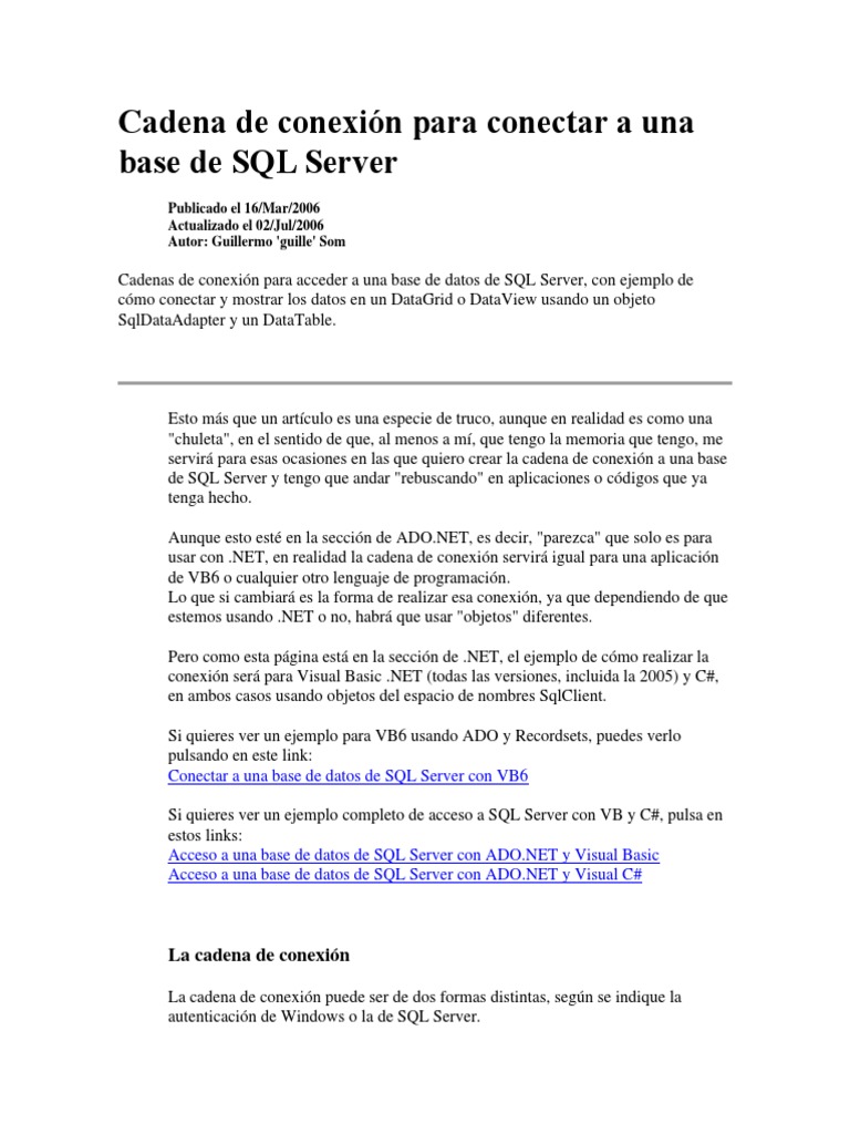 Cadena de Conexión para Conectar A Una Base de SQL Server | PDF | Servidor SQL de Microsoft ...