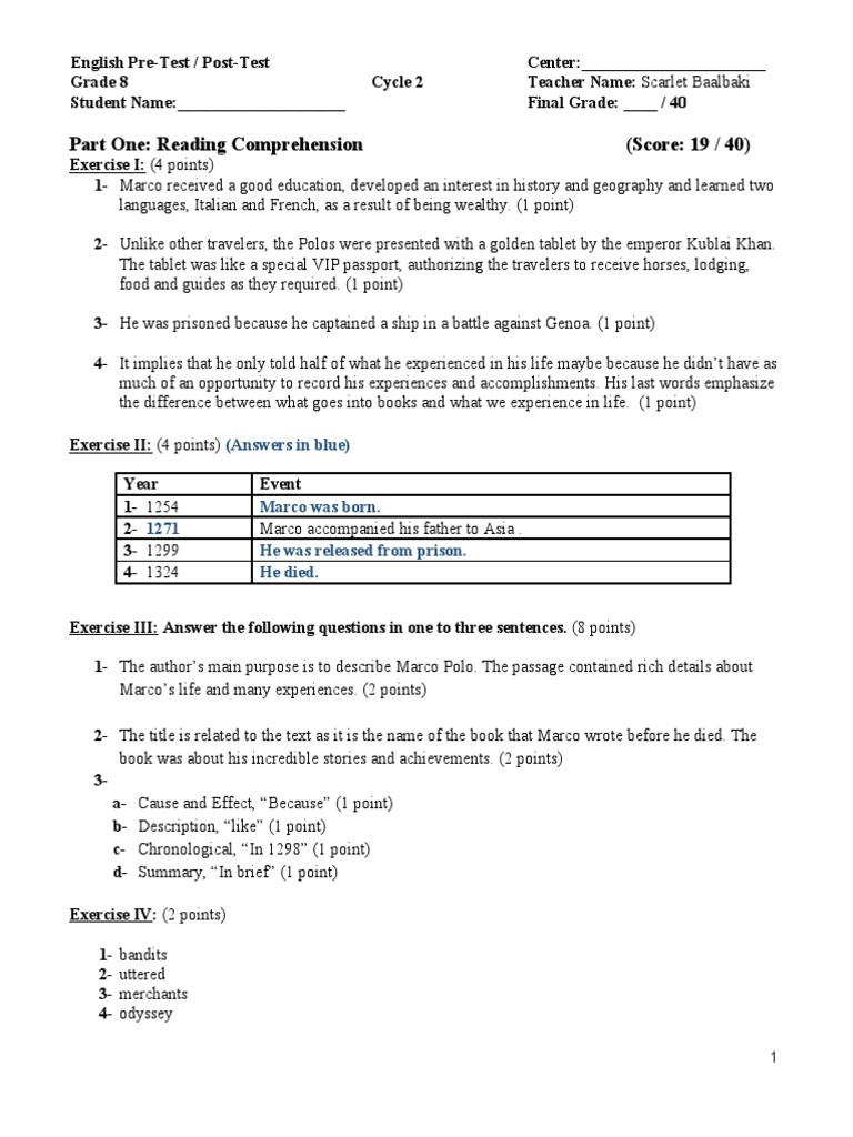 Grade 8 English Pre Test - Post Test ANSWER KEY | PDF
