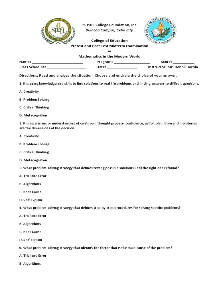 MMW (Midterm Pretest and Post Test Exam) | PDF | Mental Image | Creativity MMW (Midterm Pretest and Post Test Exam) | PDF | Mental Image | Creativity