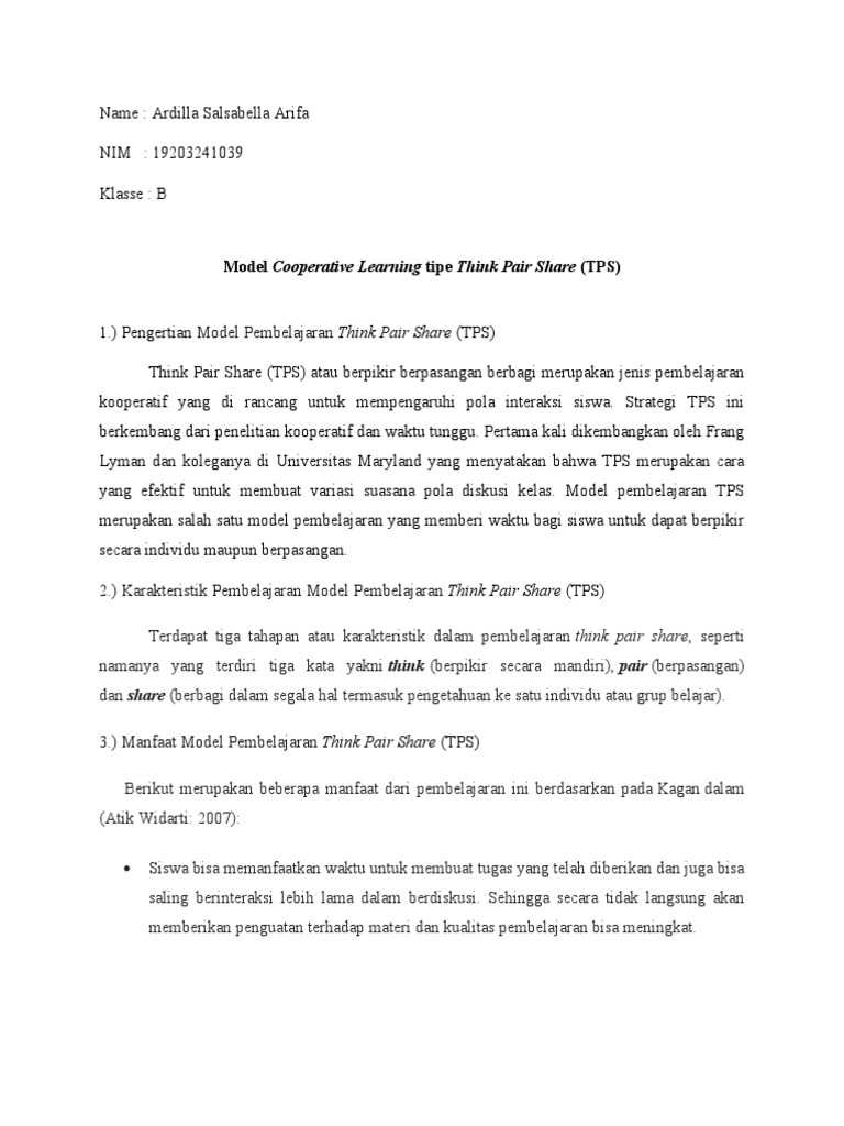 Model Pembelajaran Think Pair Share (TPS) Ardilla Salsabella | PDF