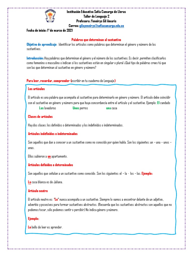 Taller sobre artículos en español | PDF | Género gramatical | Sustantivo