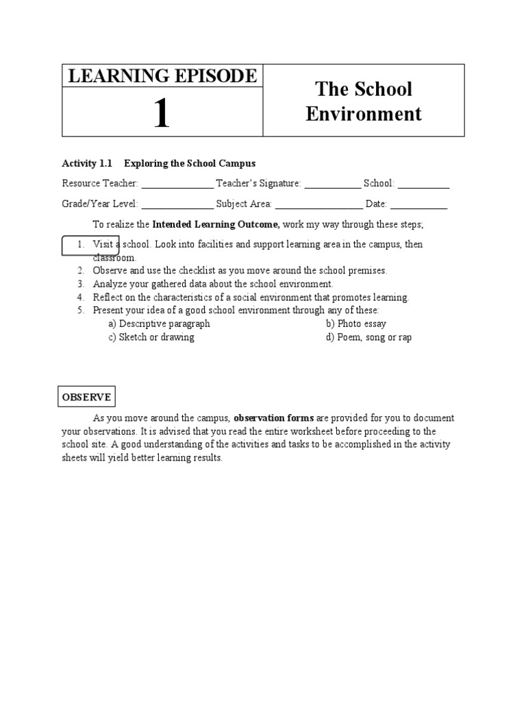 Learning Episode: The School Environment | PDF | Teachers | Learning
