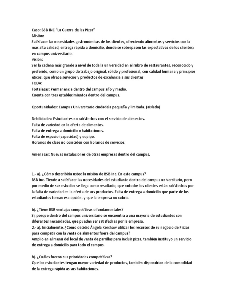 TE S1 Caso BSB INC La Guerra de Las Pizz | PDF | Cliente | Economias