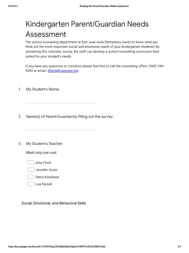 Djaes Kindergarten Parent Needs Assessment - Google Forms | Download ...