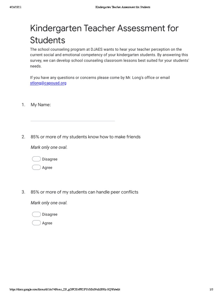 Djaes Kindergarten Teacher Assessment For Students - Google Forms | PDF ...