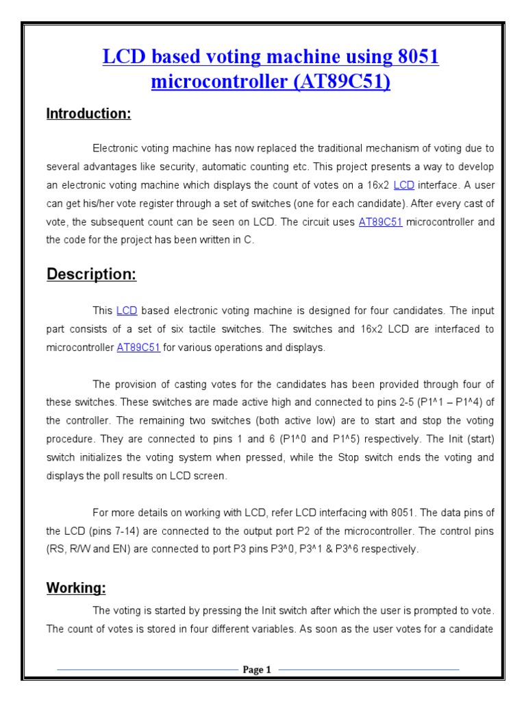 LCD Based Voting Machine Using 8051 Micro Controller | PDF | Microcontroller | Switch