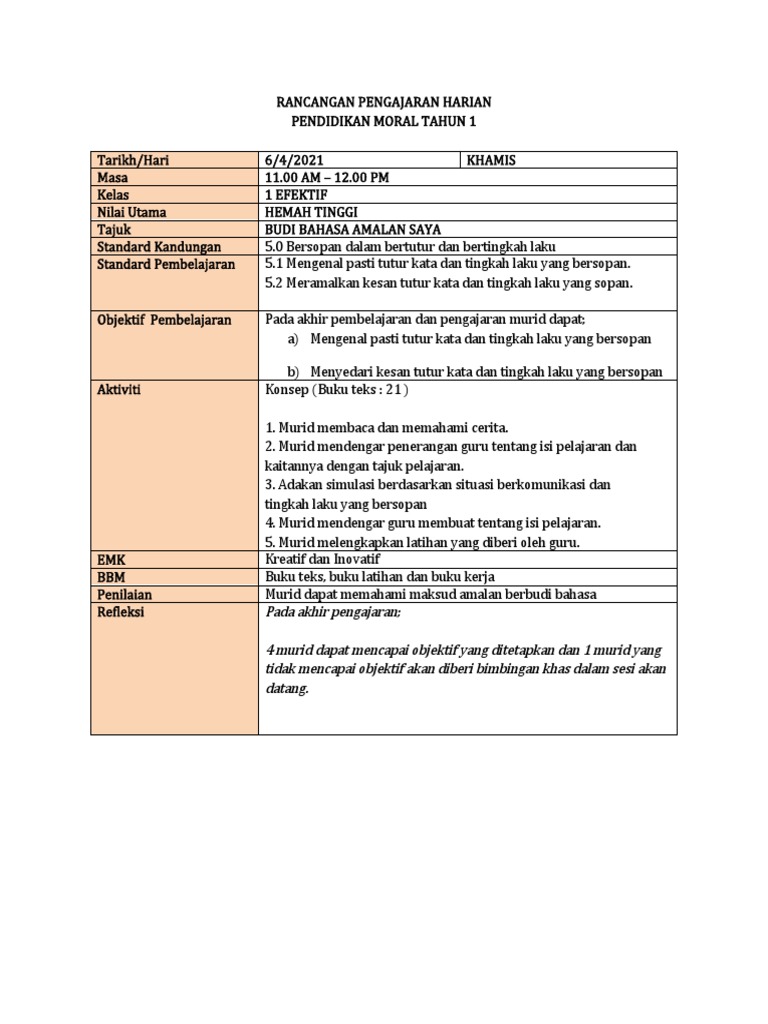 RPH Moral Th1 m15 Khamis | PDF