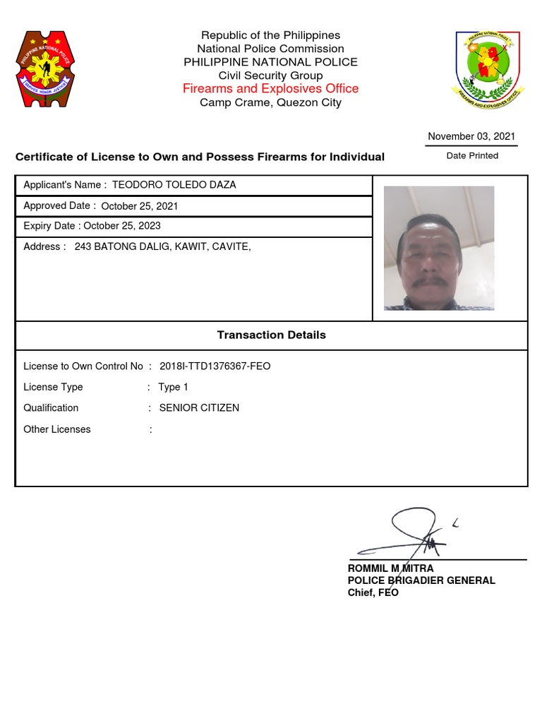 Firearms and Explosives Office: Certificate of License To Own and ...