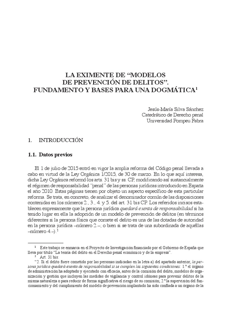 La Eximente de Modelos de Prevencion de | PDF | Derecho penal | Castigos