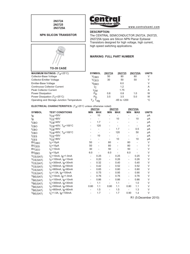 2N3724 2N3725 2N3725A NPN Silicon Transistor Description | PDF ...