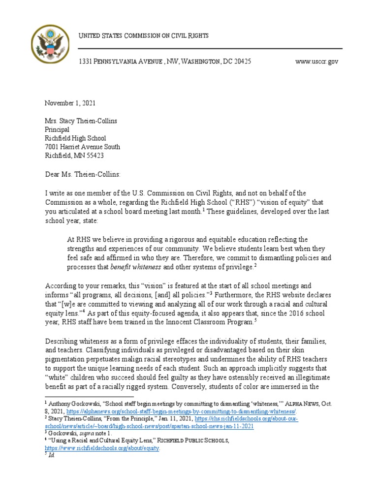 Kirsanow Letter To Richfield High School 11.1.2021 | PDF | Civil Rights ...