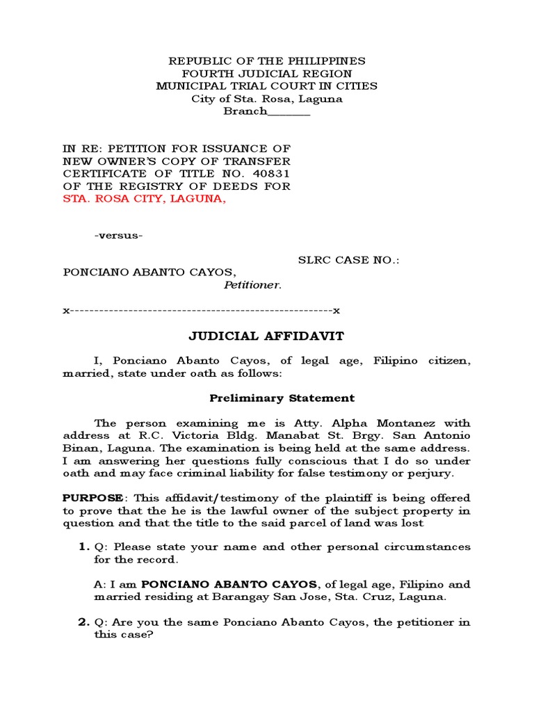 Sta. Rosa City, Laguna,: Judicial Affidavit | PDF | Perjury | Legal ...