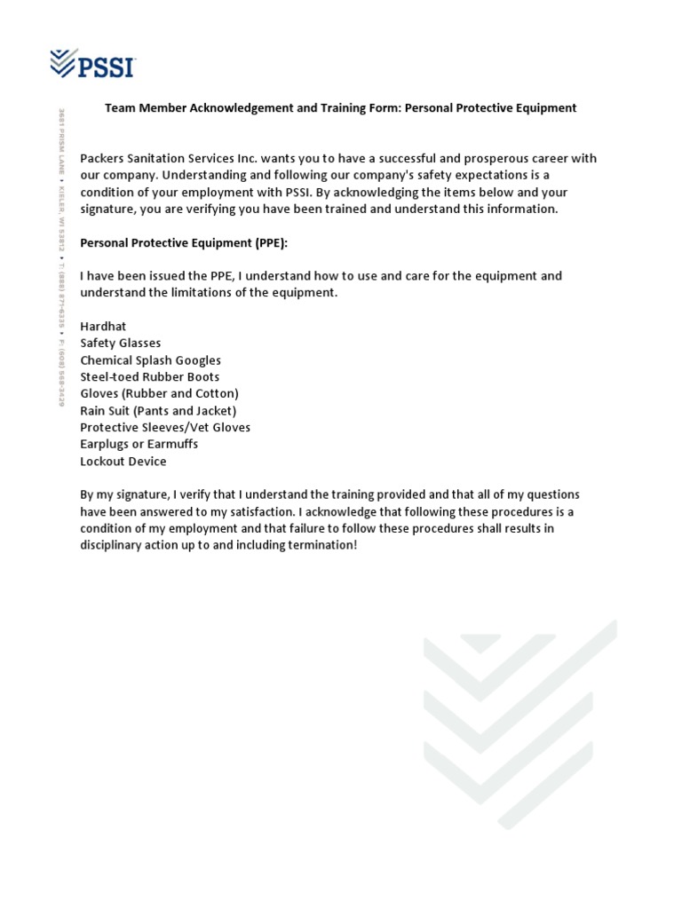 Team Member Acknowledgement and Training Form Personal Protective ...