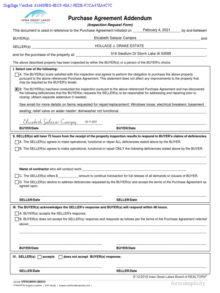 Addendum - Inspection Request 516 Swallum-DigiSign | PDF | Sales | Real ...