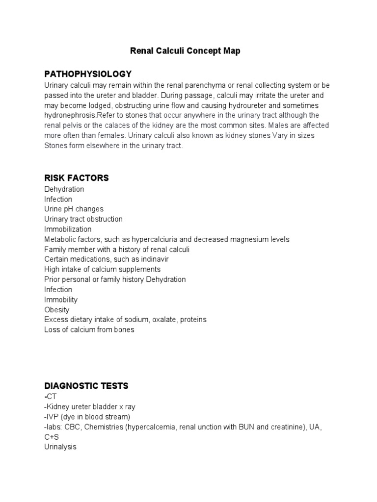 Renal Calculi Concept Map Pathophysiology | PDF | Medicine | Kidney