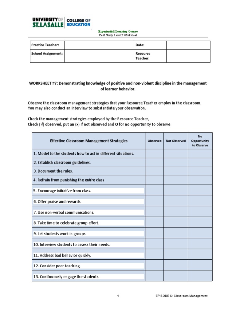 WORKSHEET #7: Demonstrating Knowledge of Positive and Non-Violent ...