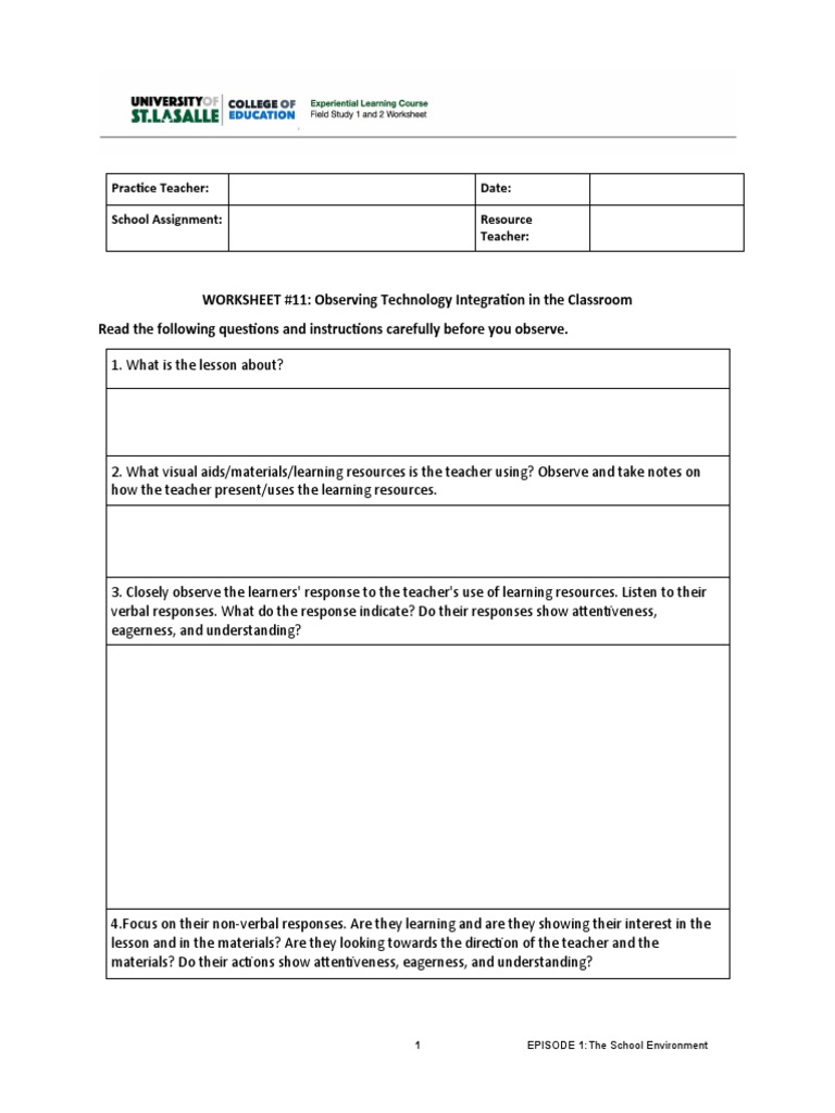 WORKSHEET #11: Observing Technology Integration in The Classroom Read ...