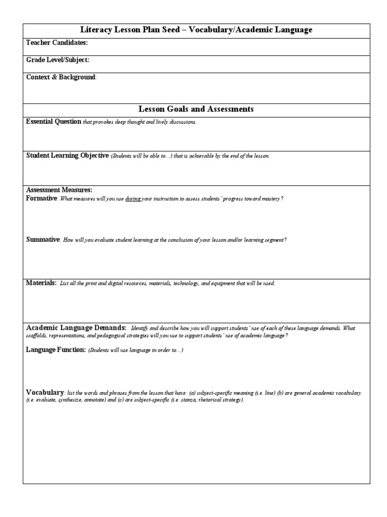 Literacy Lesson Plan Seed - Vocabulary/Academic Language: Teacher ...