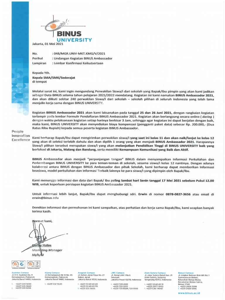 Surat Konfirmasi Peserta BINUS Ambassador | PDF