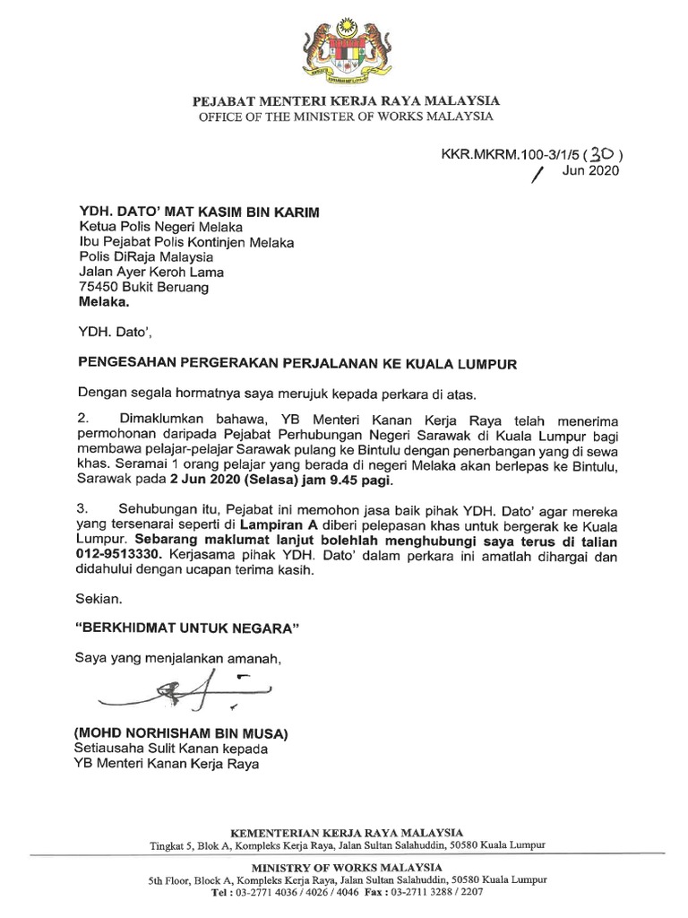 Surat KP Melaka - Pengesahan Pergerakan Perjalanan Ke Kuala Lumpur ...