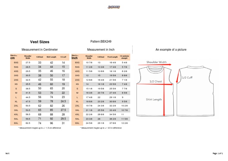 Vest Size Chart: Measurements for Shoulder Width, Chest, Length, Cuff ...