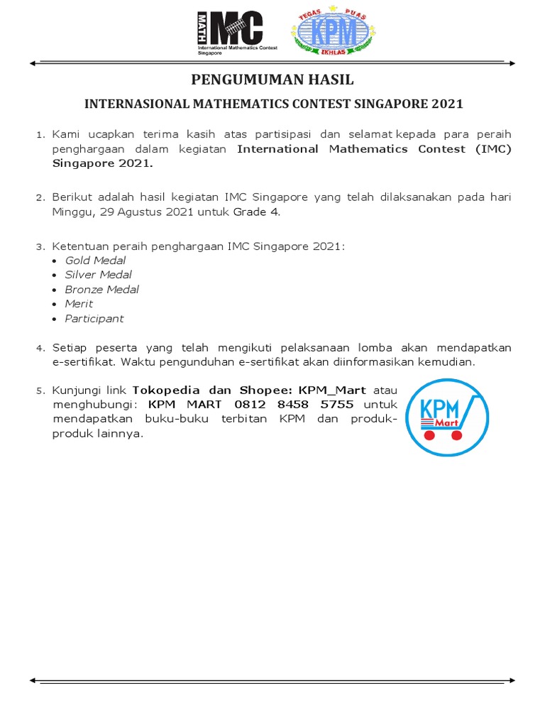 Hasil IMCS 2021 Final (Internasional) Grade 4 | PDF