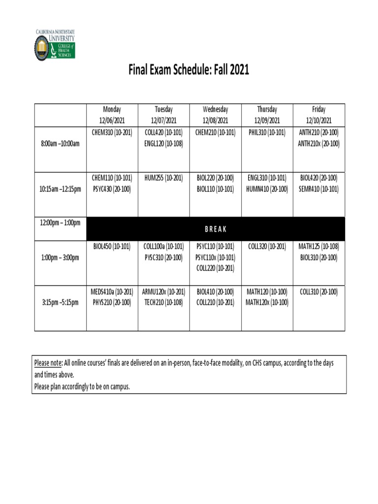 Final Exam Schedule Fall 2021 | PDF