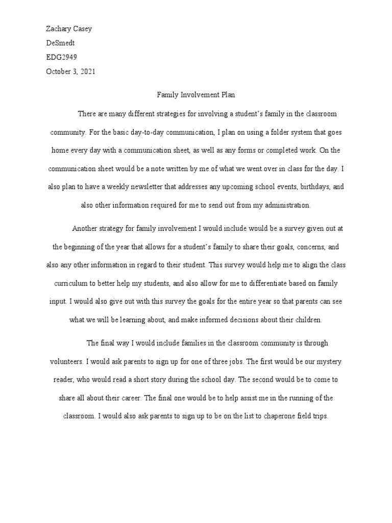Casey Zach Family Involvement Plan | PDF
