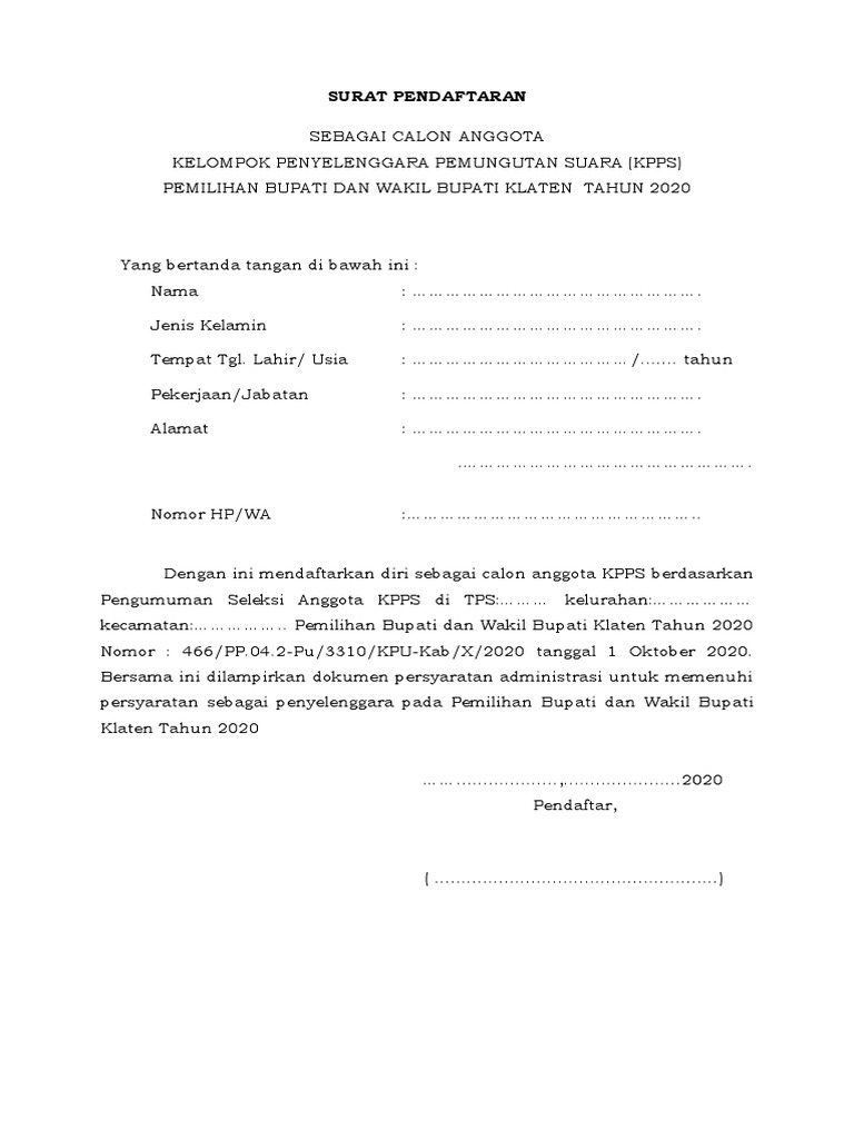 Surat Pendaftaran Anggota KPPS 2020 | PDF | Karier & Perkembangan
