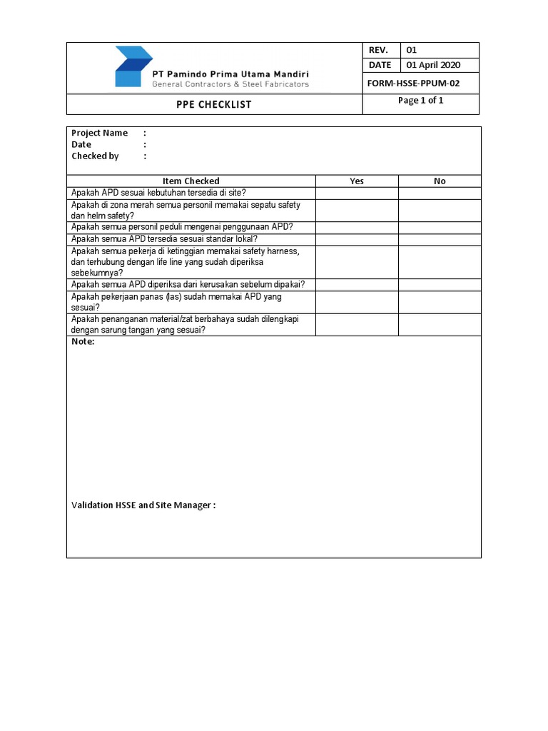 Form Hsse Ppum 002 Ppe Checklist Form | PDF