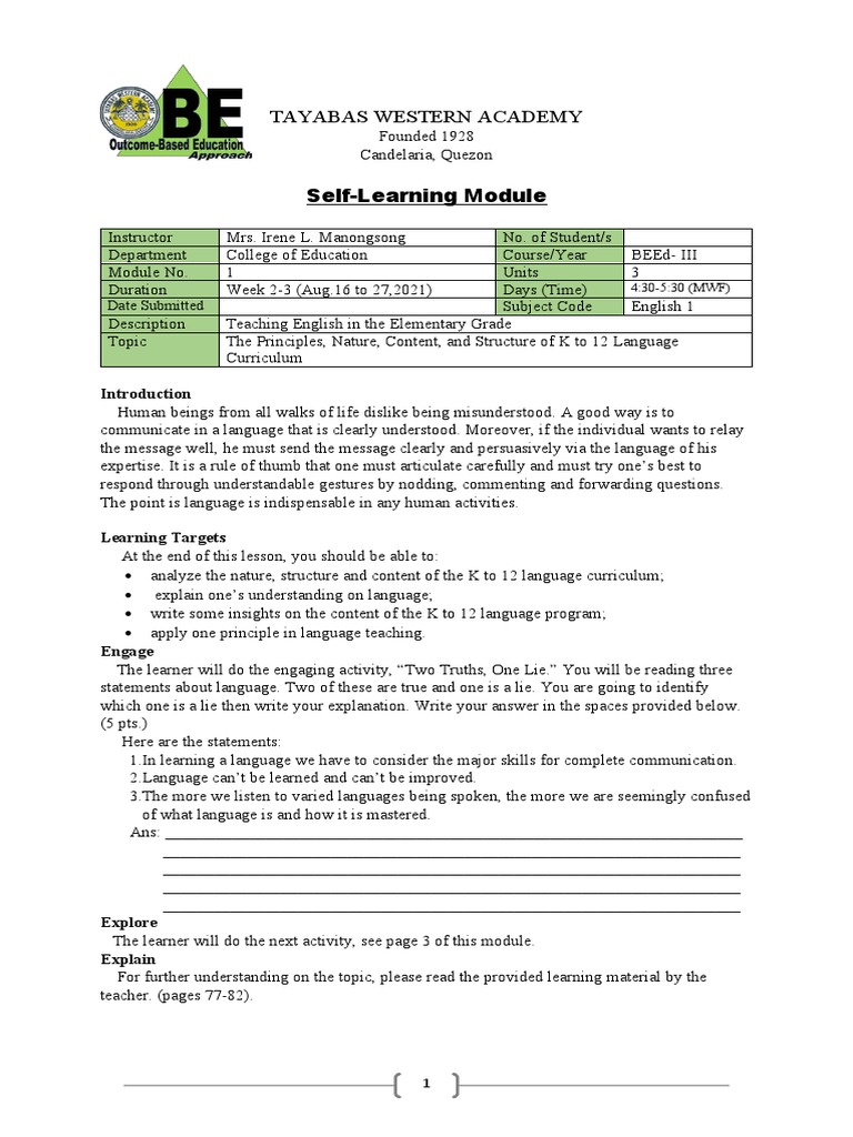 Principles and Structures of the K to 12 Language Curriculum: A Self ...