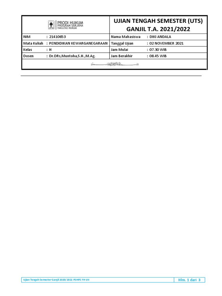 Mata Kuliah-Kelas (Template Lembar Jawaban UTS) | PDF