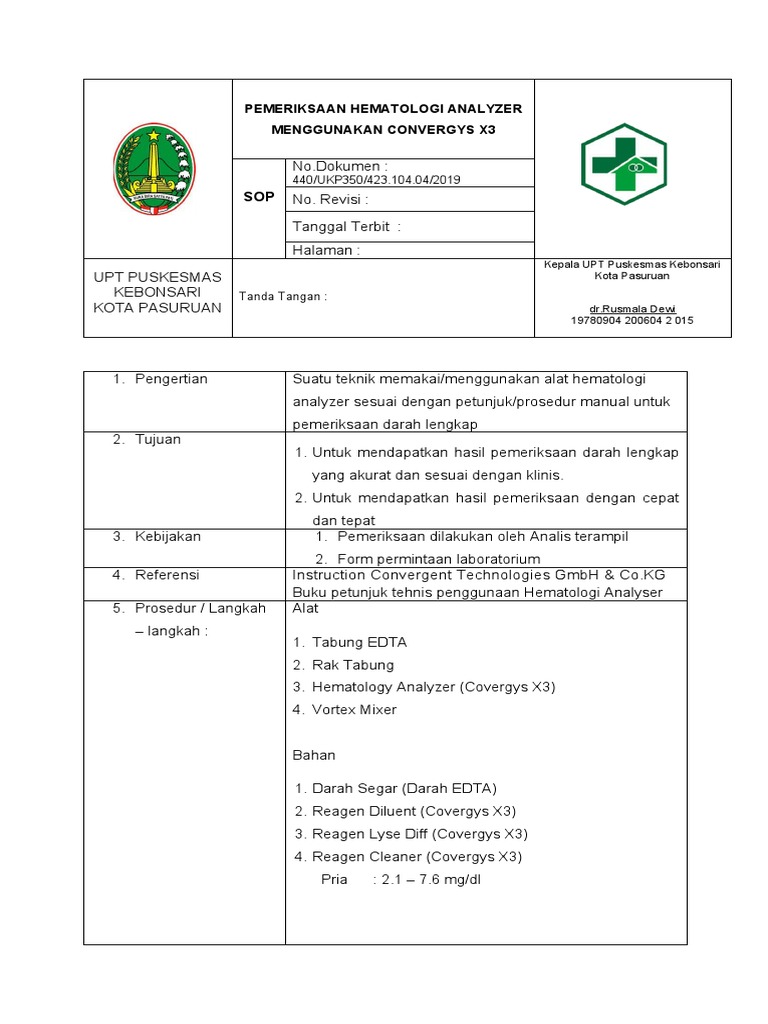 Sop Hematology Analyzer Convergys X3 | PDF