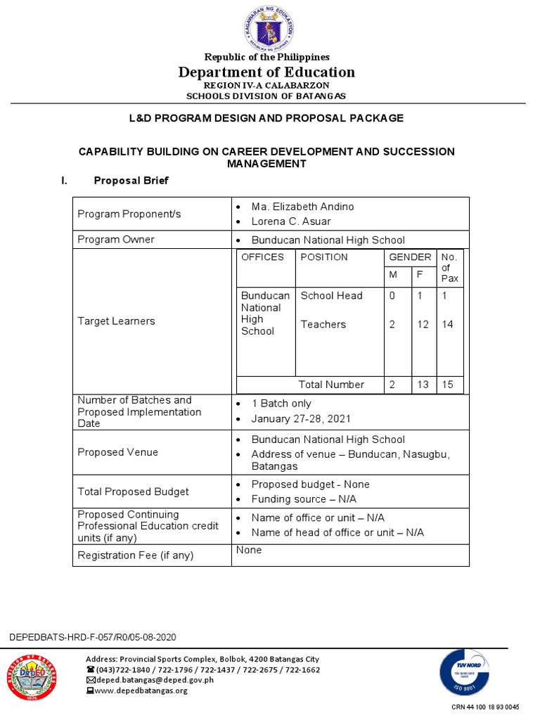 BUNDUCAN NHS TRAINING Proposal For Career Devt. Succession Management 1 | PDF