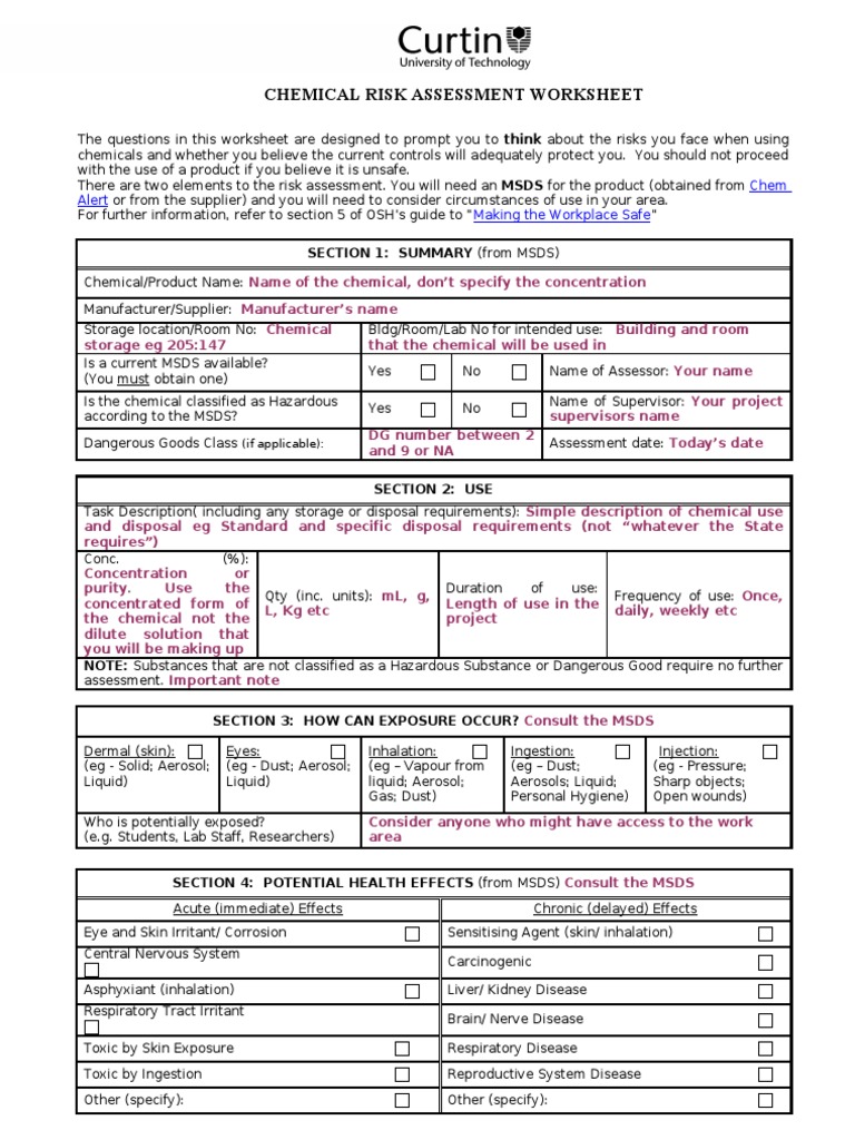 Chemical Risk Assessment Worksheet | PDF | Risk | Personal Protective ...
