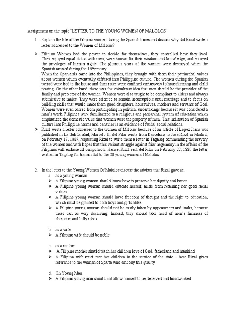 Rizal - Letter To The Young Women of Malolos | PDF