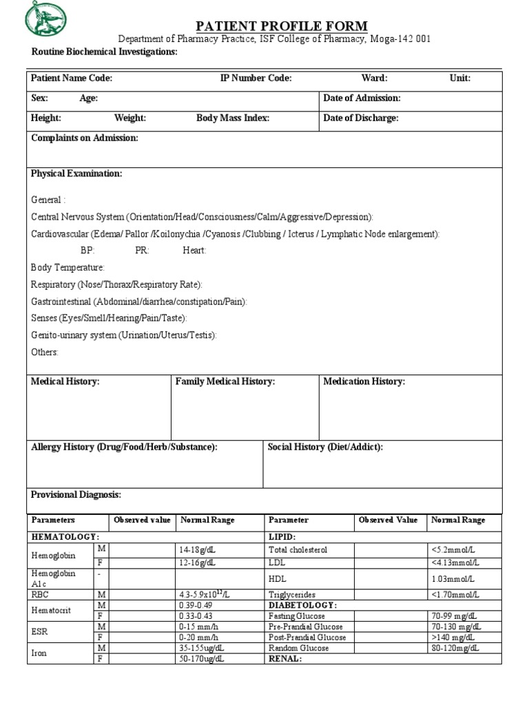Patient Profile Form for Pharmacy Use | PDF | Pharmacy | Medicine