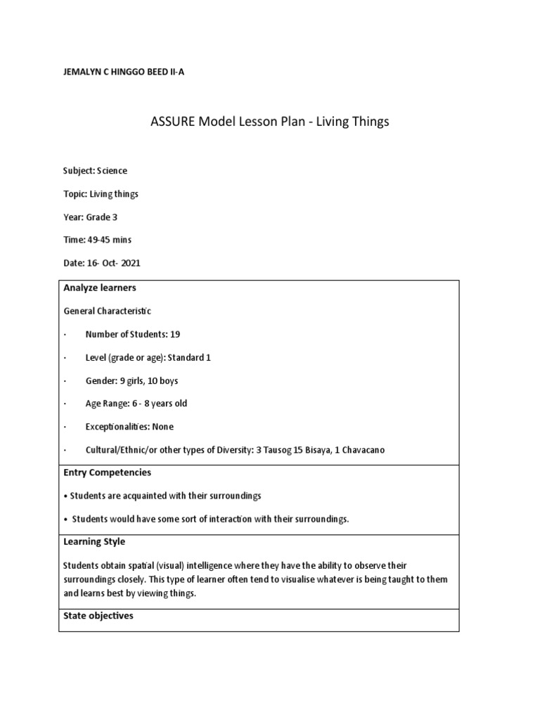 Assure Lesson Plan (Hinggo) | PDF | Lesson Plan | Learning