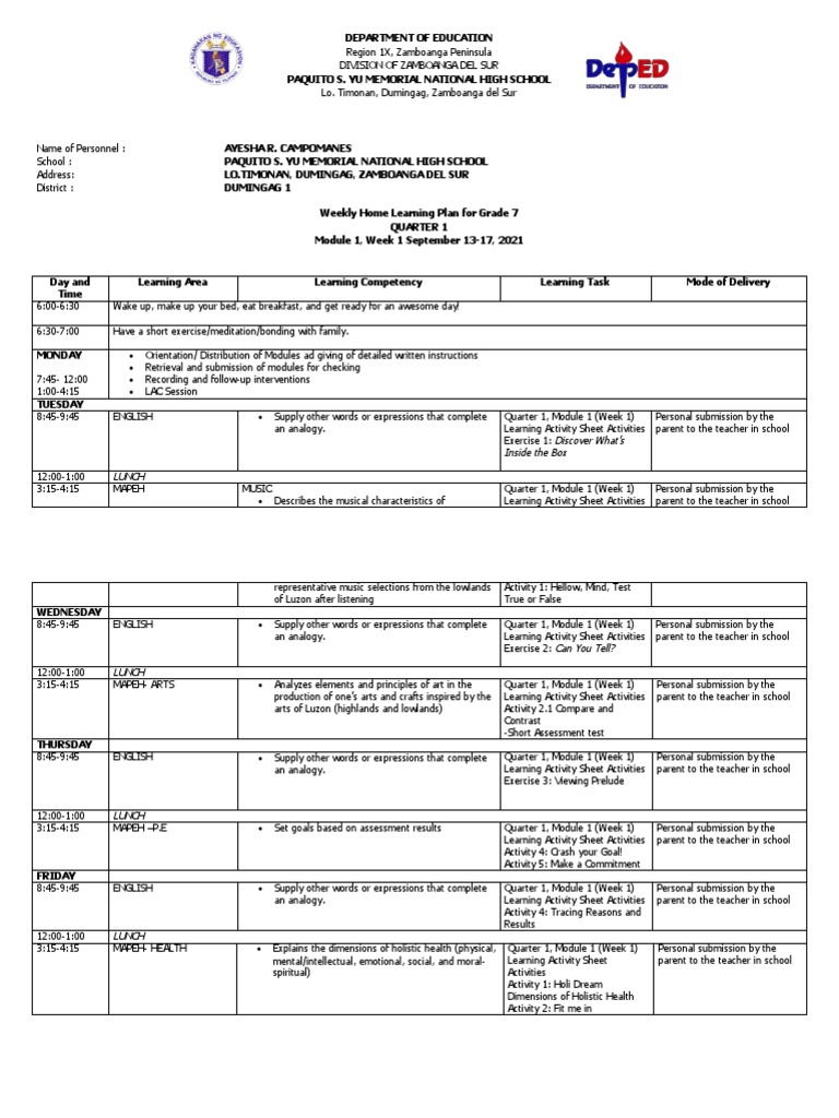 Grade 7 Weekly Learning Plan | PDF | Sentence (Linguistics) | Learning