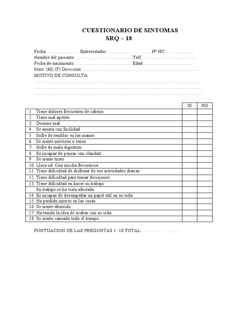 Cuestionario de Sintomas SRQ 18 | PDF