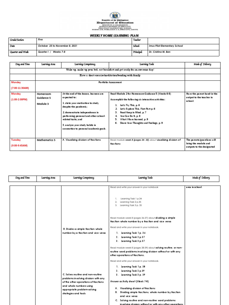g5 Work Plan All Subjects 5 q1 W7andw8 | PDF | Cognition | Linguistics