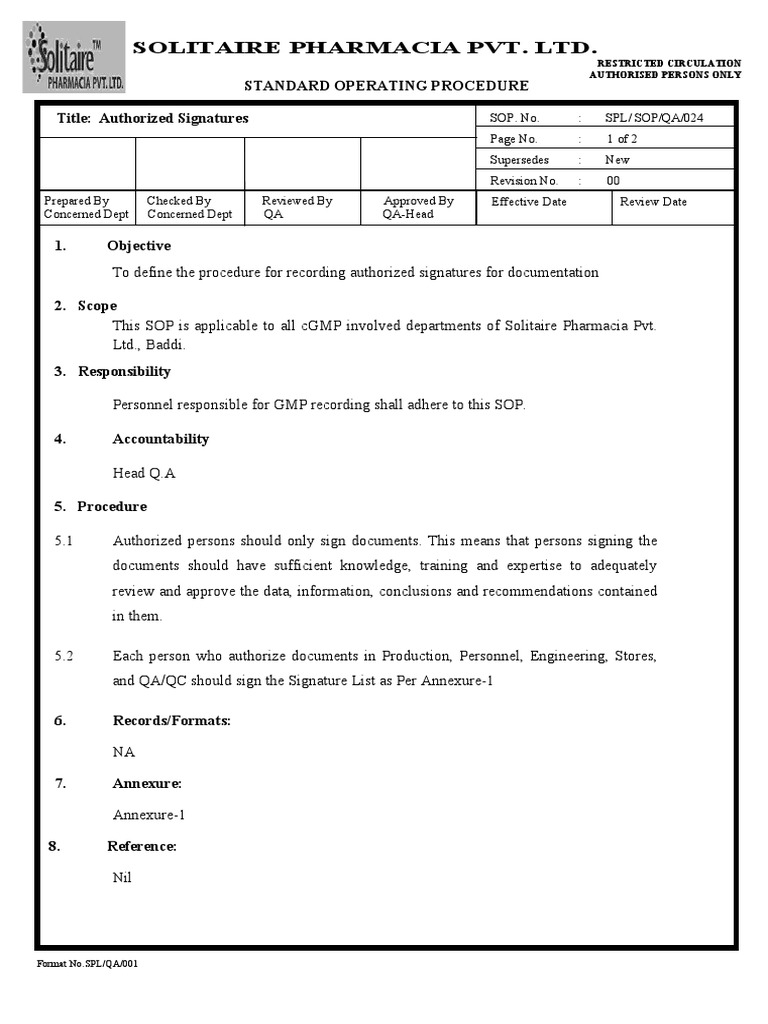 Authorized Signatures SOP Template | PDF | Quality | Business