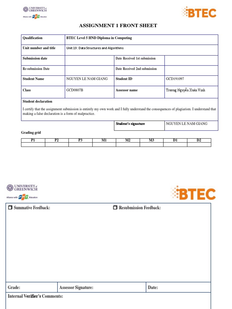 Assignment 1 Front Sheet: Qualification BTEC Level 5 HND Diploma in Computing | PDF | Queue ...