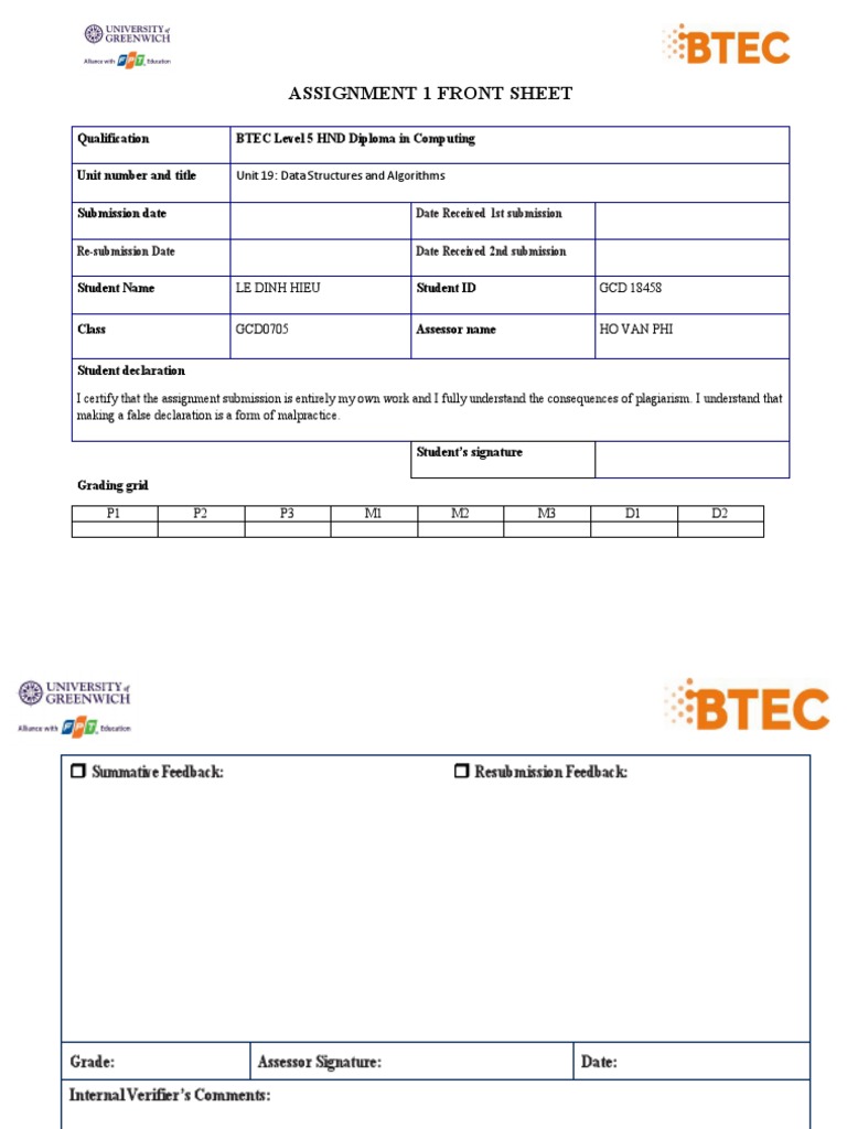 Assignment 1 Front Sheet: Qualification BTEC Level 5 HND Diploma in Computing Unit Number and ...