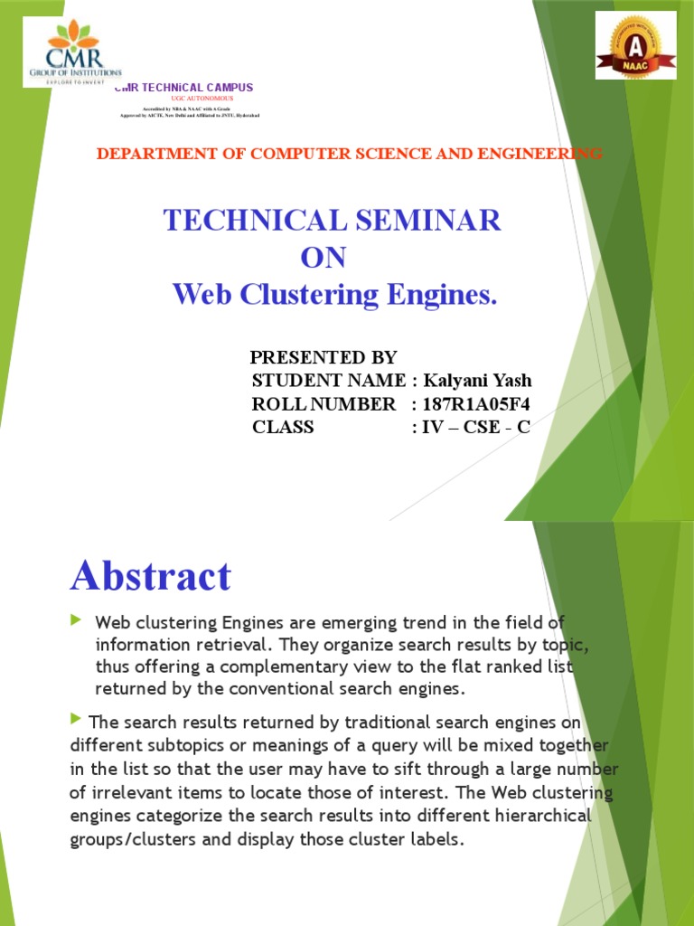 Technical Seminar ON Web Clustering Engines.: Department of Computer Science and Engineering ...