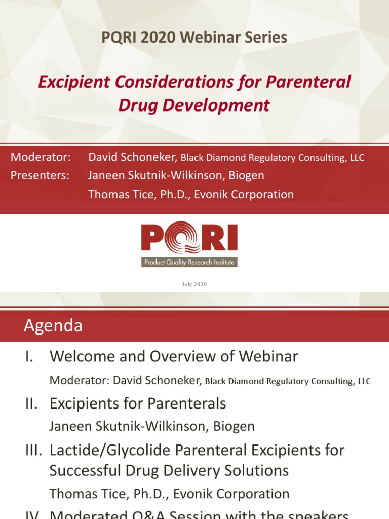 PQRI - Excipient Considerations For Parenteral Drug Development (2020 ...