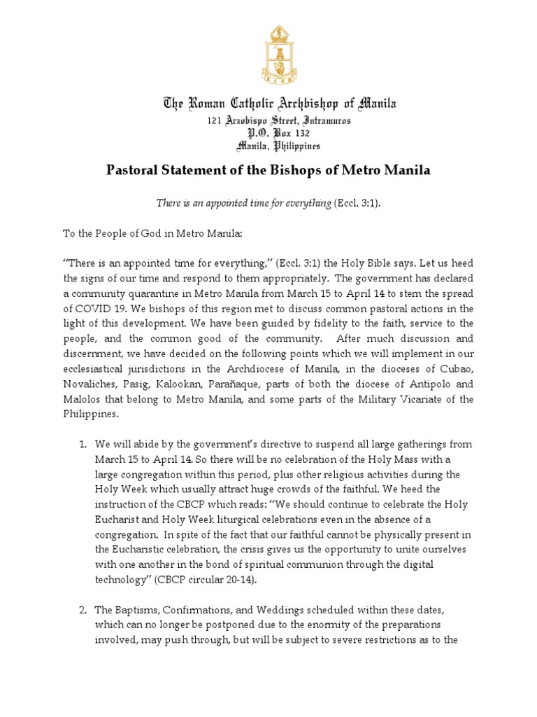 Metro Manila Bishops' COVID-19 Response | PDF | Lent | Eucharist
