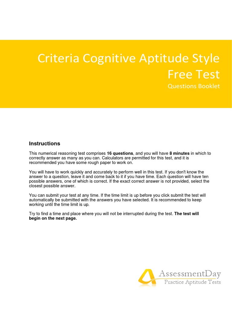 Criteria Cognitive Aptitude Style Free Test: Assessmentday | PDF